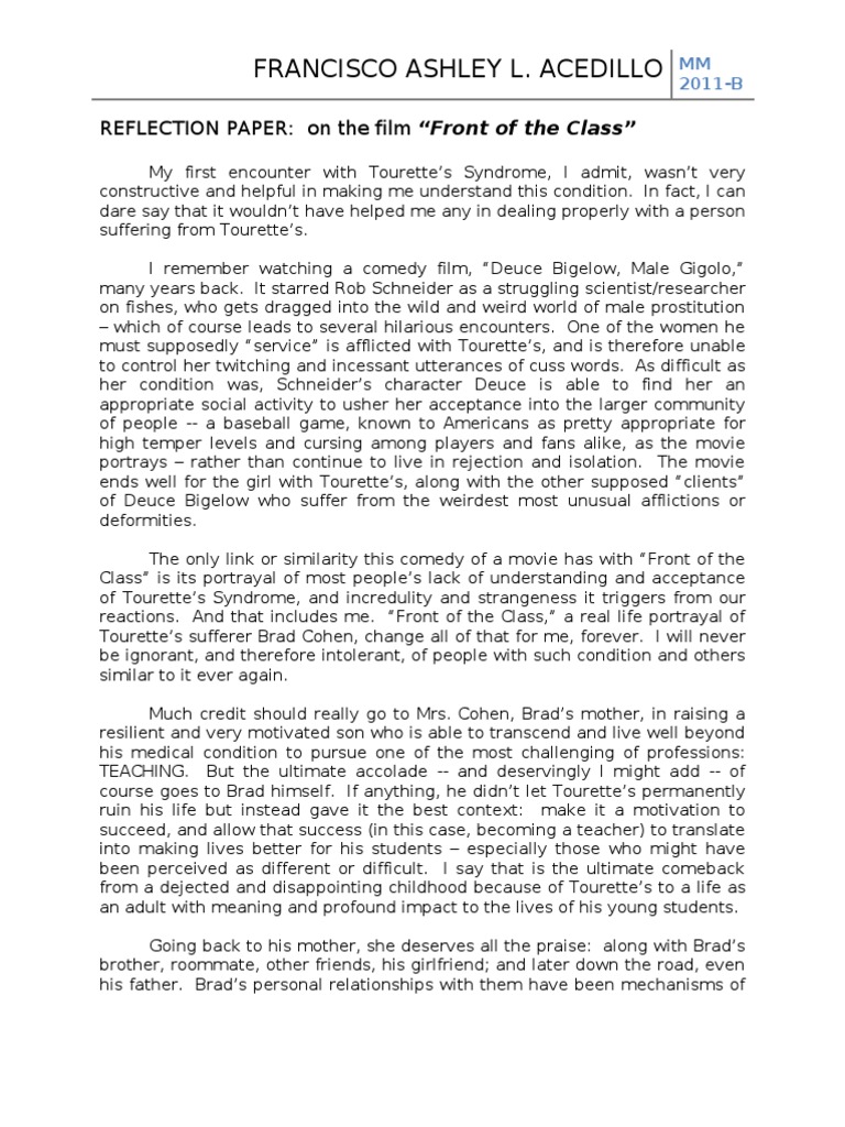 Reflection Paper - 'Front of The Class' | PDF