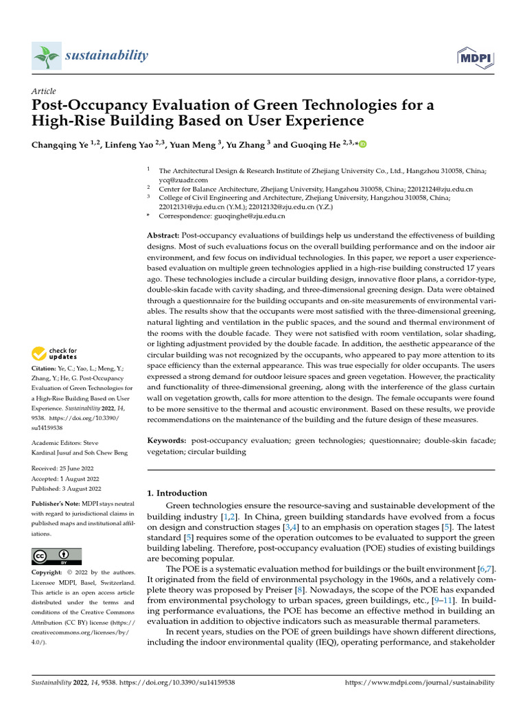 Post-Occupancy Evaluation of Green Technologies For A High-Rise Building Based On User ...