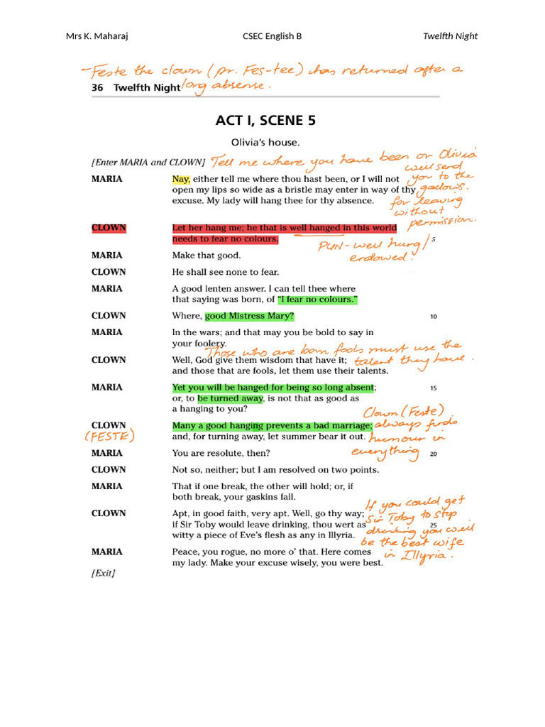 CLASS 6 - Twelfth Night Act 1 Scene 5 Annotated | PDF