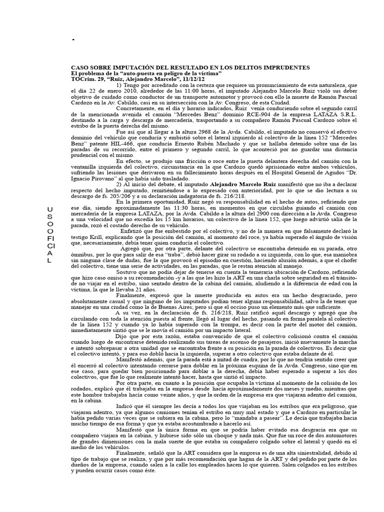 Caso sobre autopuesta en peligro en delito imprudente.doc | PDF ...