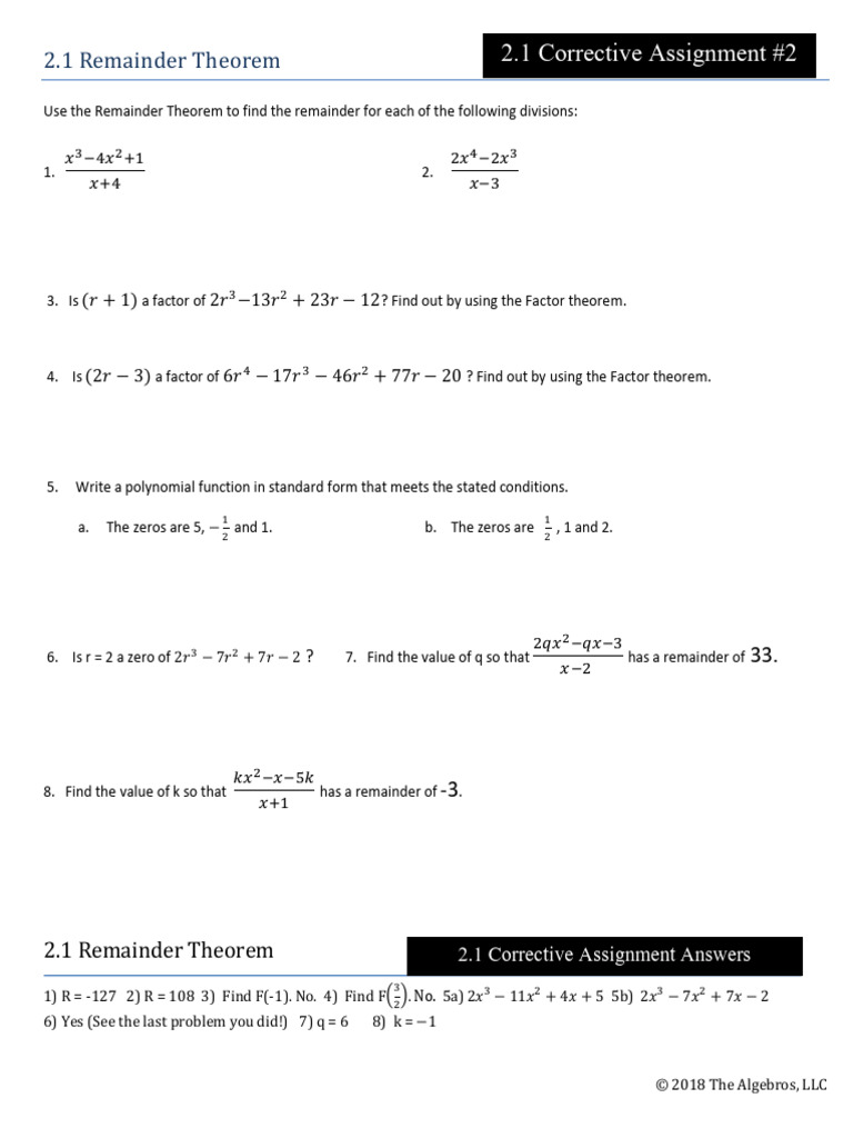 Microsoft Word - 2.1 Remainder Theorem CA#2 | PDF