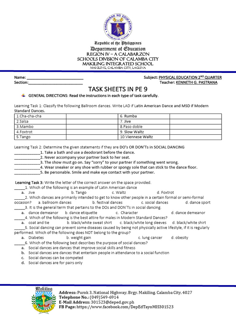 Quarter2 Tasksheet Pe9 Week-5-6 | PDF | Ballroom Dance | Dances