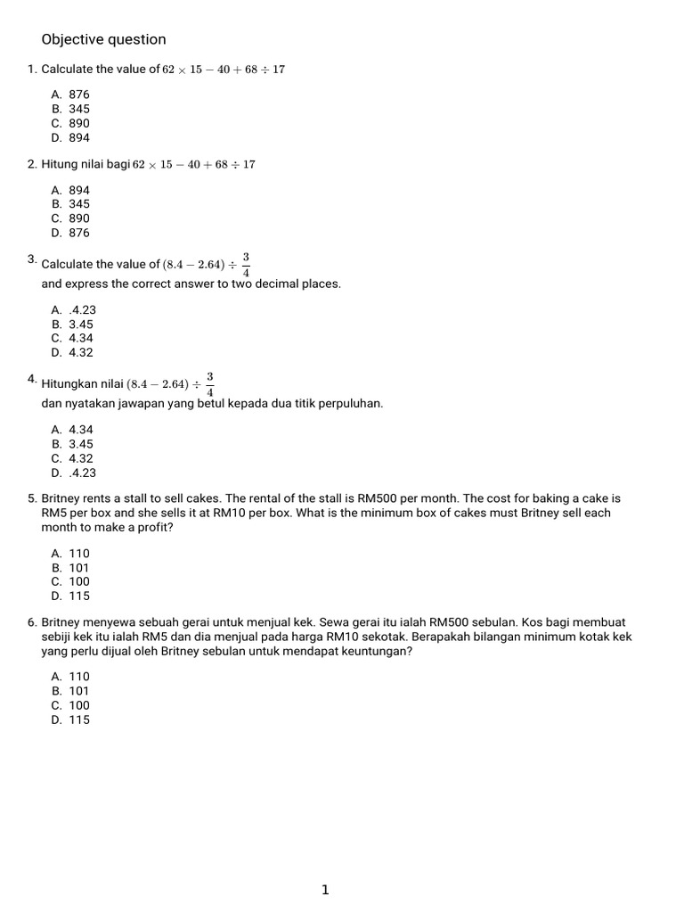 Soalan Math Tingkatan 1 Bab 1 | PDF