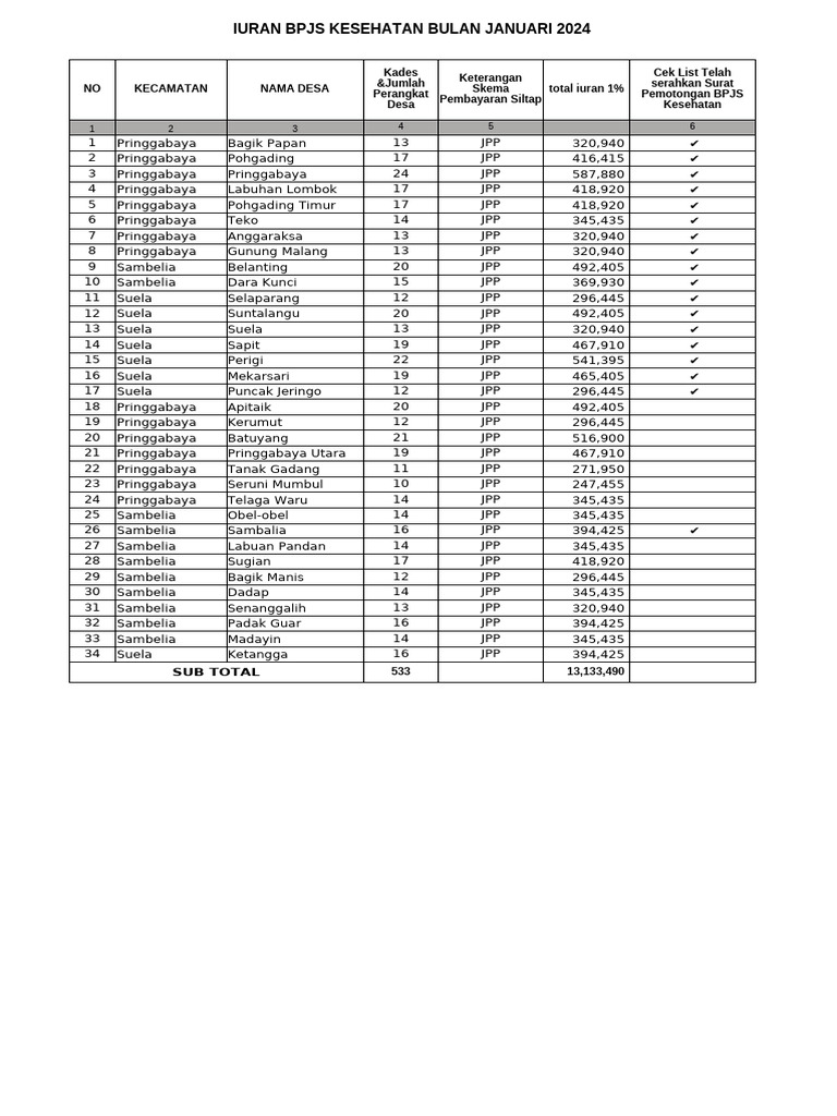 Data Iuran BPJS Kesehatan Januari 2024 Kelolaan Pringgabay | PDF