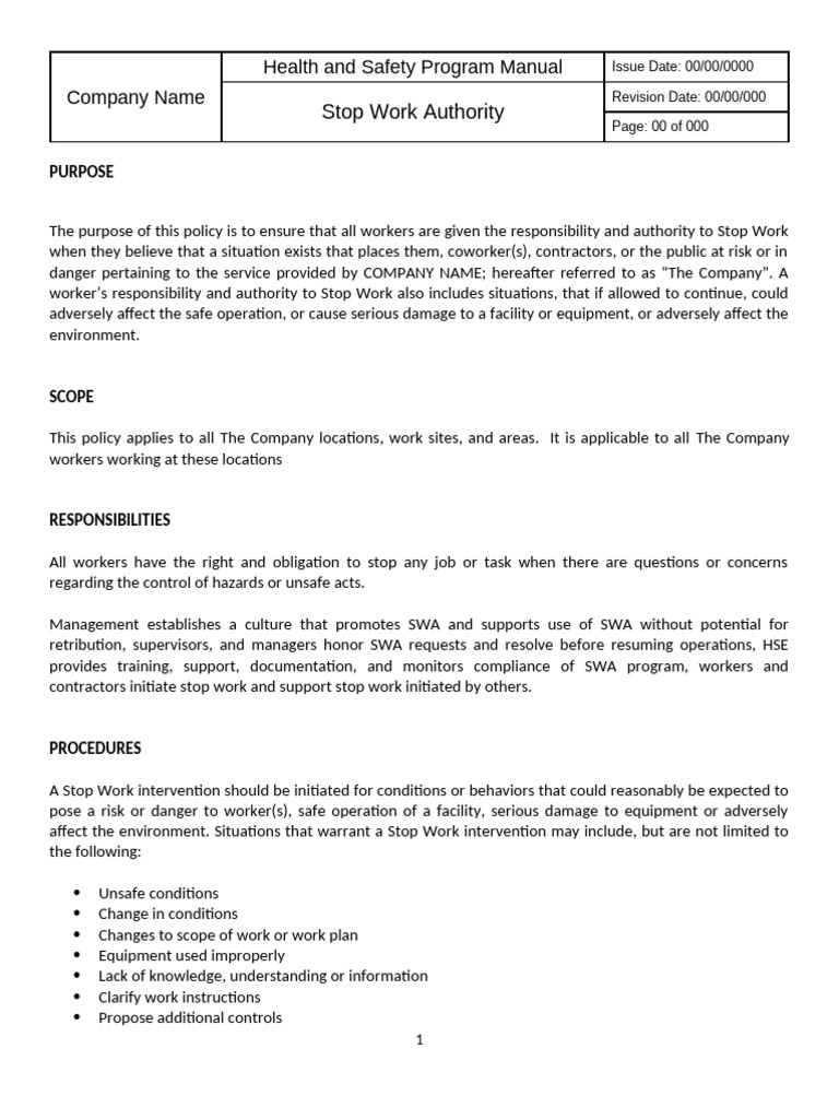 Stop Work Authority Policy and Steps | PDF | Occupational Safety And ...