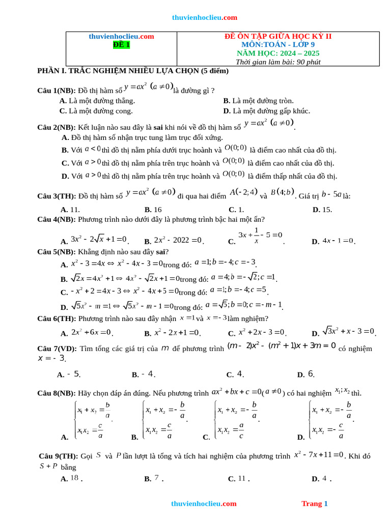 Thuvienhoclieu.com 10 de on Tap Giua HK2 Toan 9 Nam 24 25 Co Dap An | PDF