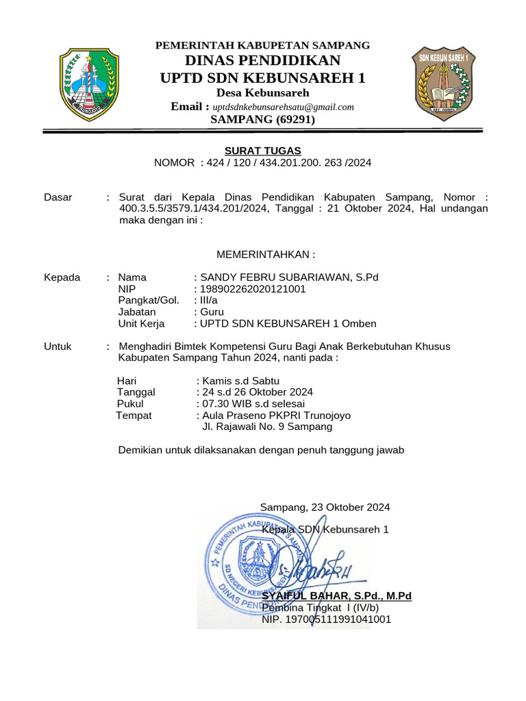 Contoh Surat Tugas Peserta BIMTEK | PDF