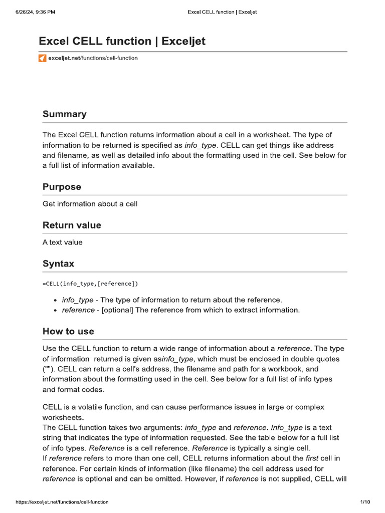 Excel CELL fUNCTION | PDF