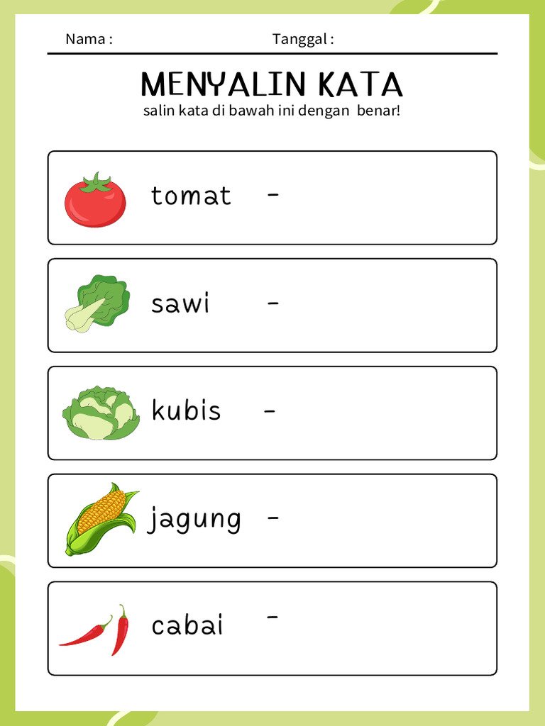 Lembar Kerja Menyalin Kata Anak TK | PDF
