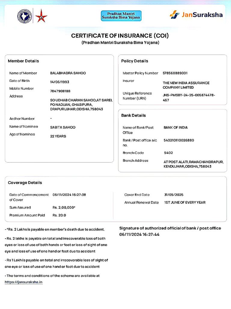 Balabhadra Sahoo Pmsby | PDF