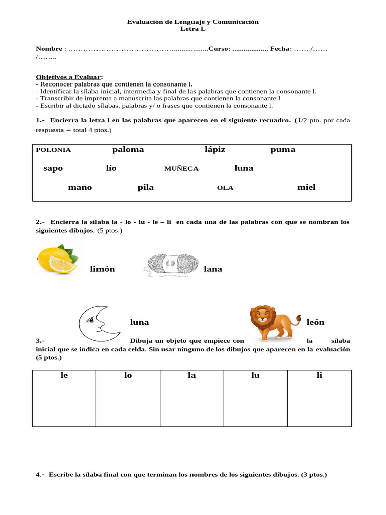 Evaluación de Letra L | PDF