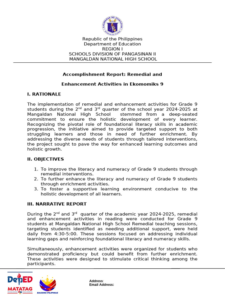 Remedial and Enhancement Report for Ekomomiks 9 | PDF | Literacy | Learning
