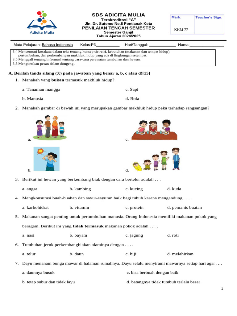 Penilaian Tengah Semester Bahasa Indonesia | PDF