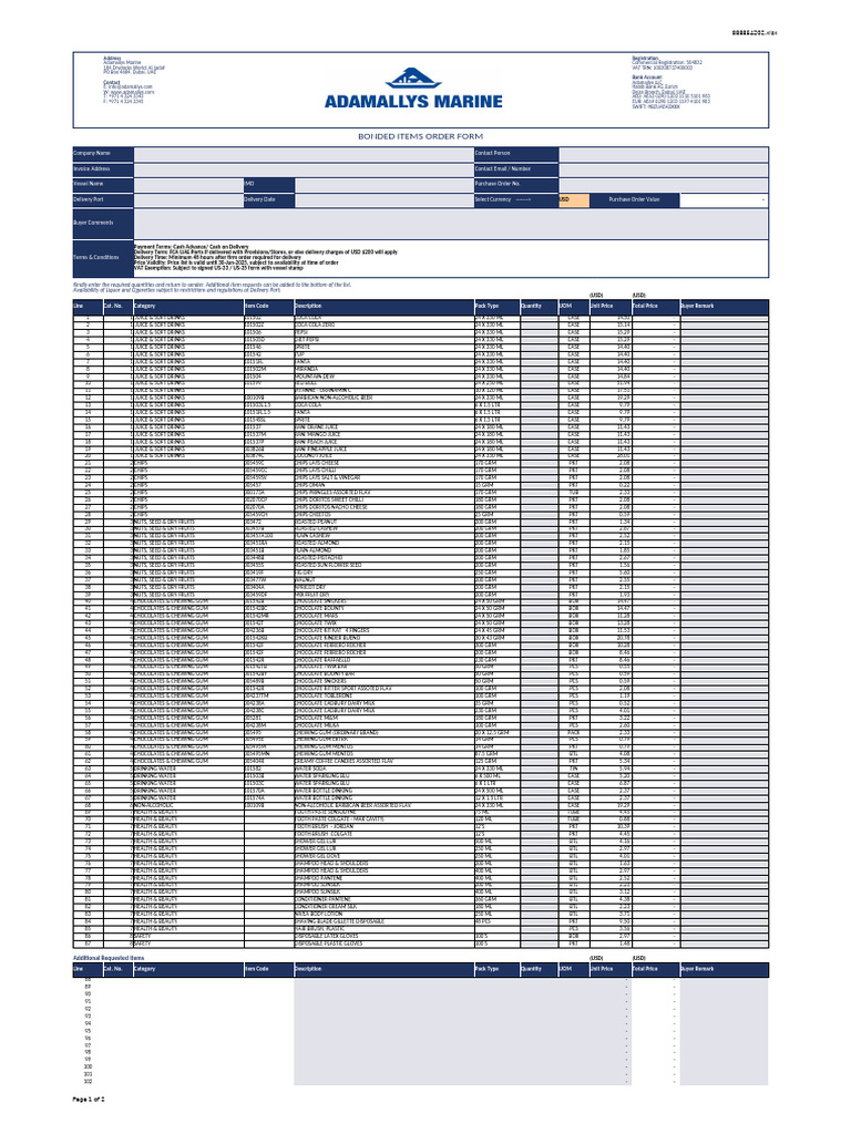 ADAMALLYS Bonded Items Order Form 2025 Q2 | PDF | Chocolate | Potato Chip