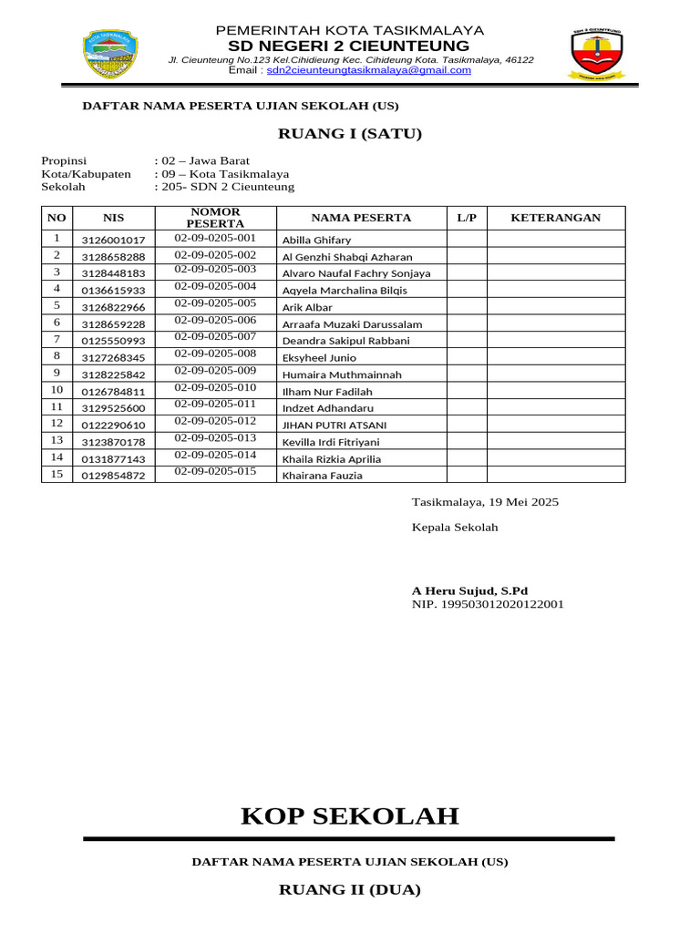Format Daftar Peserta Ujian Sekolah | PDF