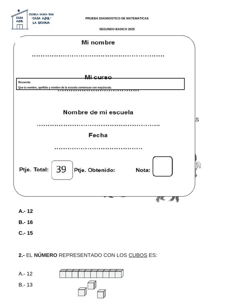 Prueba Diagnóstica Matemáticas 2° Básico 2025 | PDF