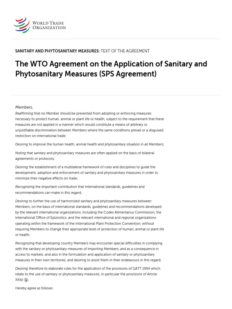 WTO - Sanitary and Phytosanitary Measures - Text of The Agreement | PDF ...