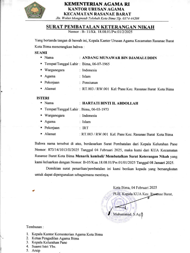 Surat Pembatalan Keterangan Nikah | PDF