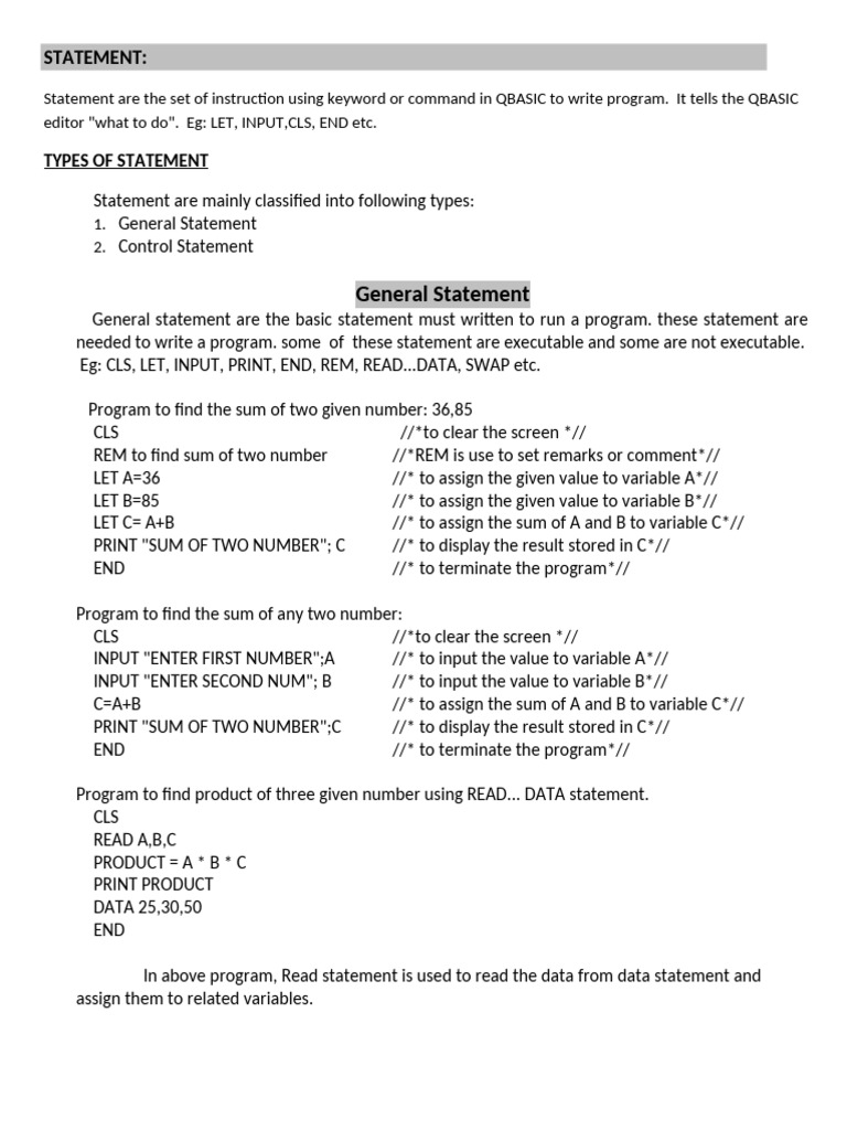 QBASIC Statement For Class 8 | PDF | Control Flow | Computer Engineering
