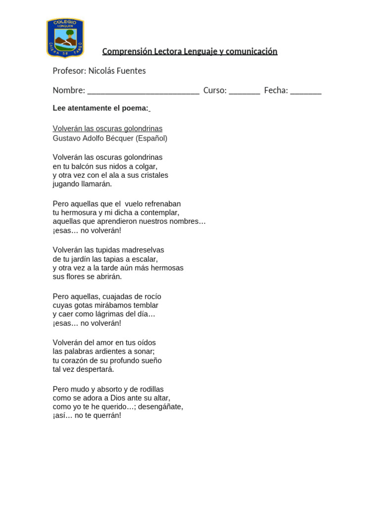 Volverán Las Oscuras Golondrinas, Comprension Lectora 7 Mo A y B | PDF