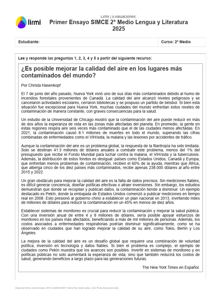 Primer Ensayo Simce 2 Medio Lengua y Literatura 2025 5785908 | PDF | Alimentos | Dieta