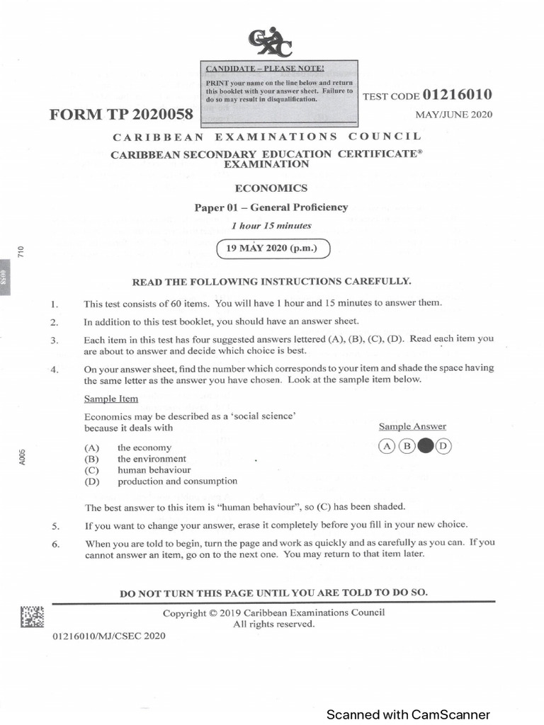 CSEC Economics P1 2020 | PDF