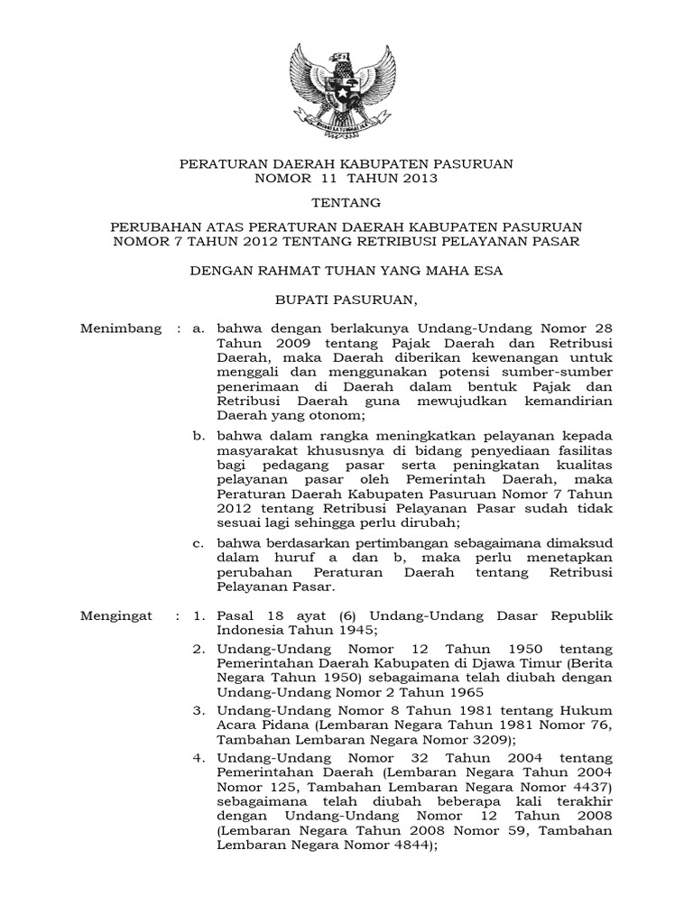Perda No. 11 Tahun 2013 Tentang Perubahan Perda Nomor 7 Tahun 2012 Tentang Retribusi Pelayanan ...