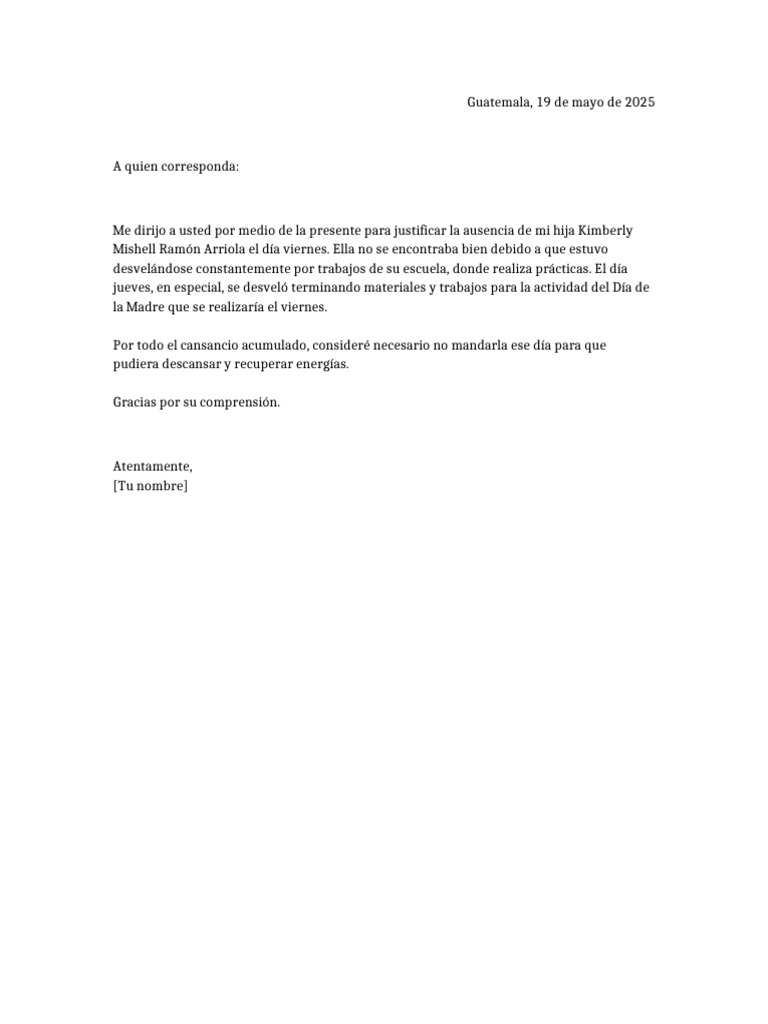 Excusa Kimberly Ramón 19 Mayo 2025 | PDF