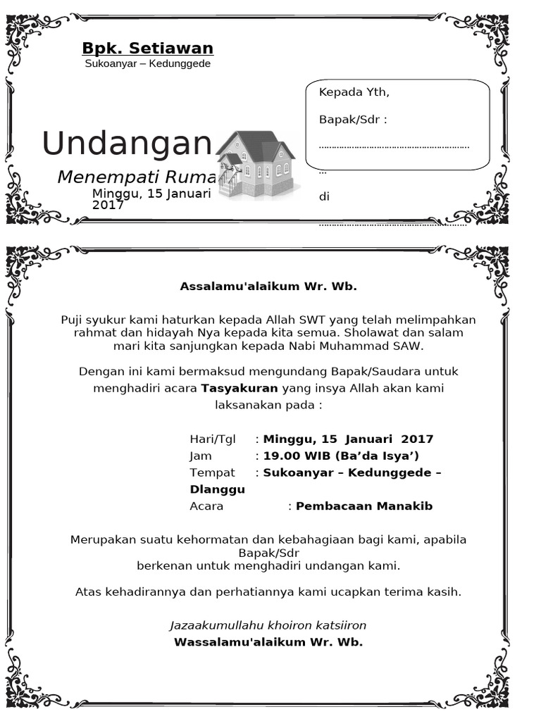 Contoh Surat Undangan Syukuran Rumah Baru | PDF