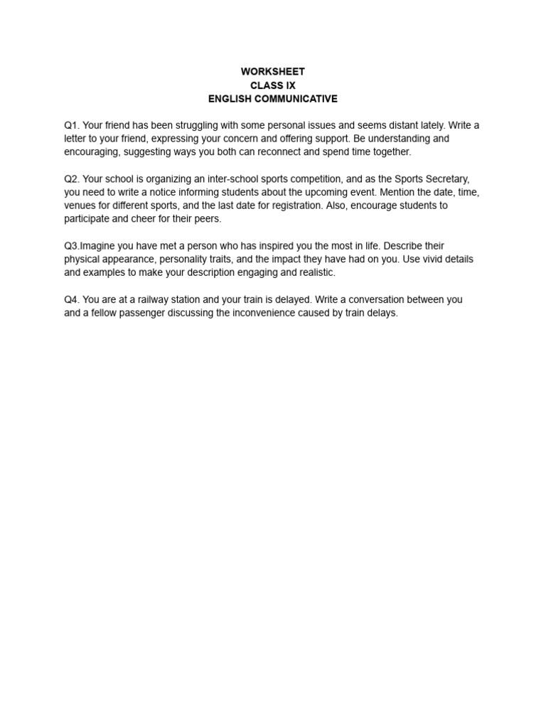 Class 9 English Writing Skills Worksheet | PDF