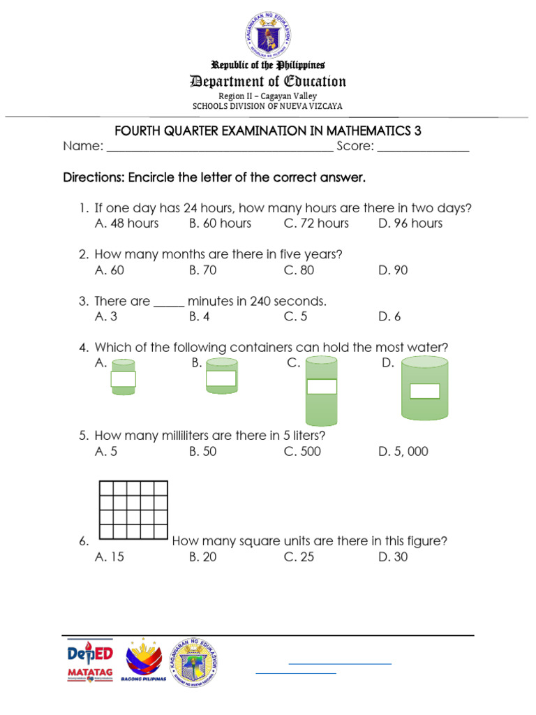 4th Quarter Test in Mathematics 3 | PDF | Philippines