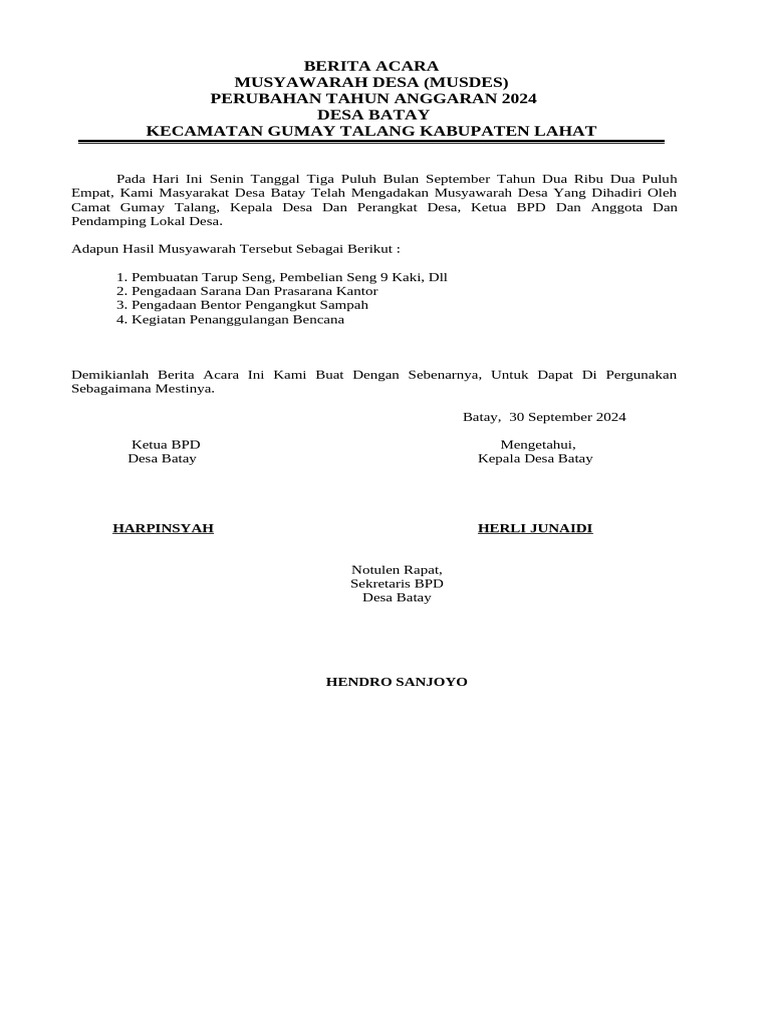 Berita Acara Perencanaan Anggaran Apbdes 2024 | PDF