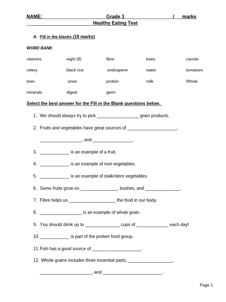 Grade 3 Test Healthy Eating | PDF | Foods | Vegetables