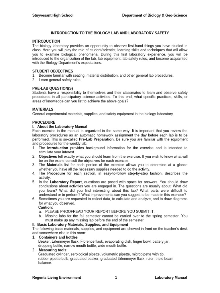 Lab - 1 Introduction To The Biology Laboratory Safety | PDF | Laboratories