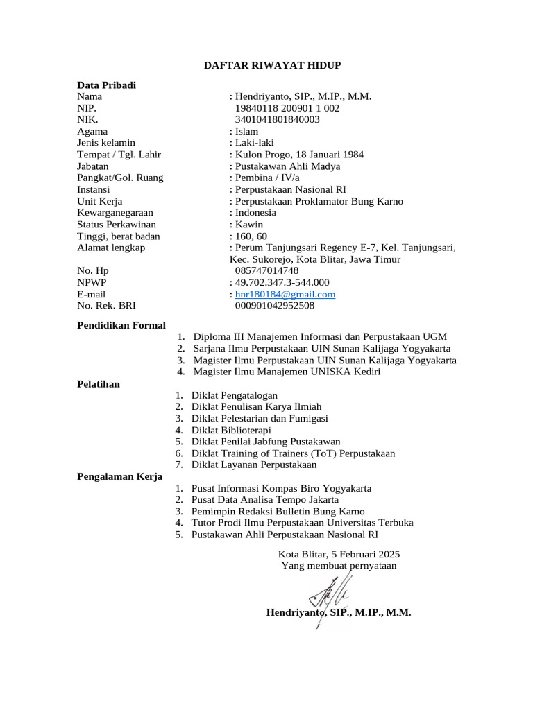 Profil Pustakawan Hendriyanto SIP M.IP M.M. | PDF
