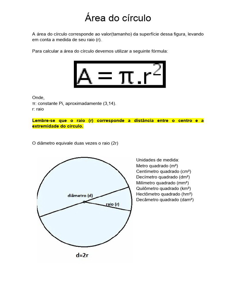 Lista de Exercícios Área Do Círculo | PDF | Metro | Pi