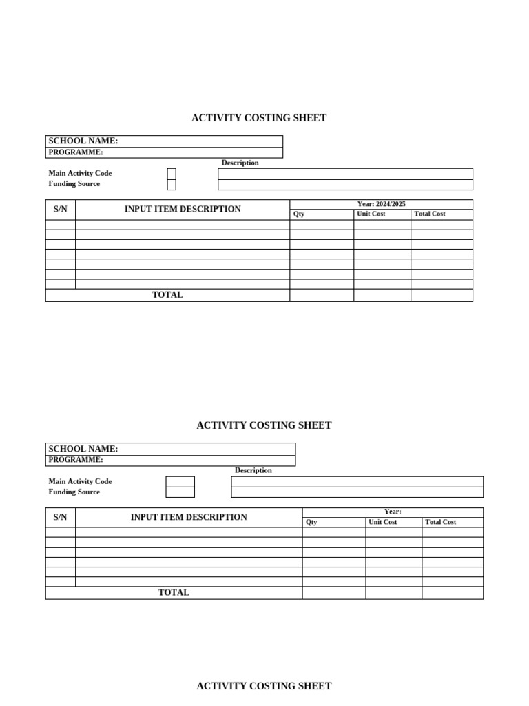 Activity Costing Sheet Template | PDF