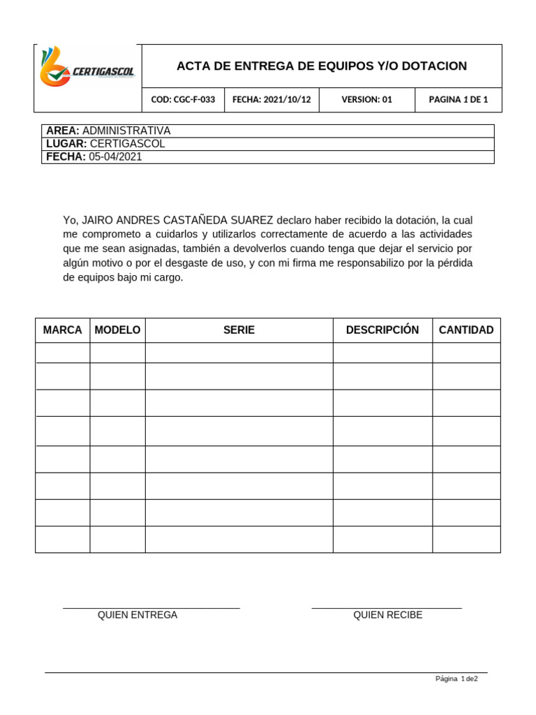 CGC-F-033-ACTA DE ENTREGA DE DOTACION | PDF