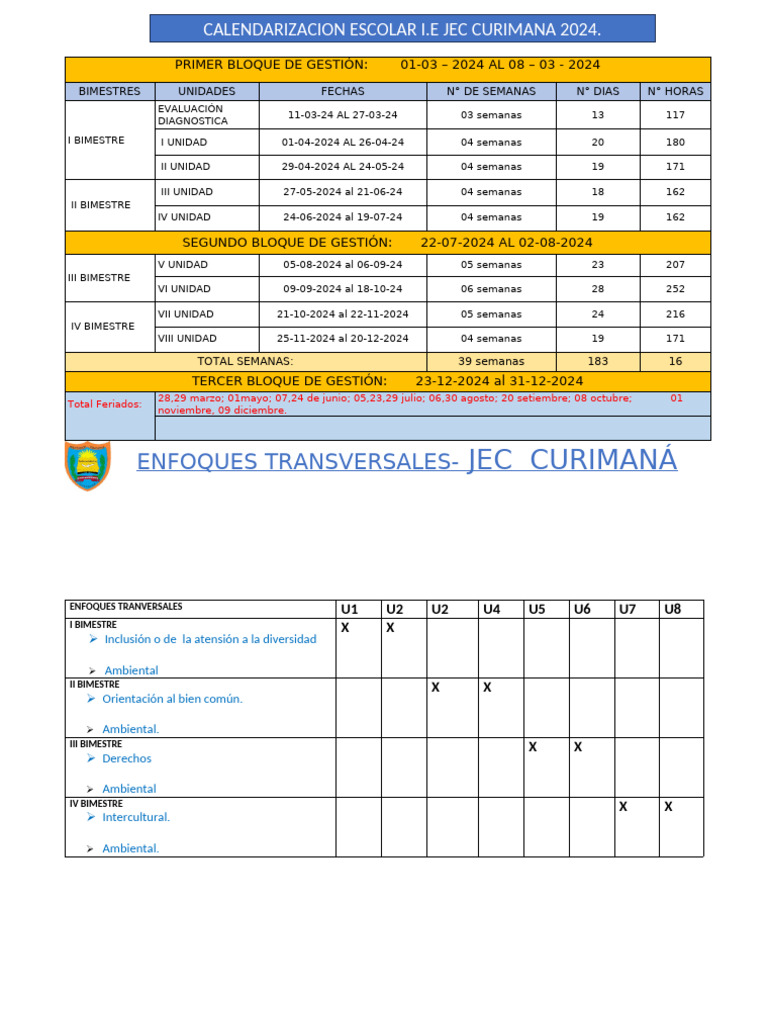 Calendarizacion Jec Curimana 2024 Actualizado | PDF