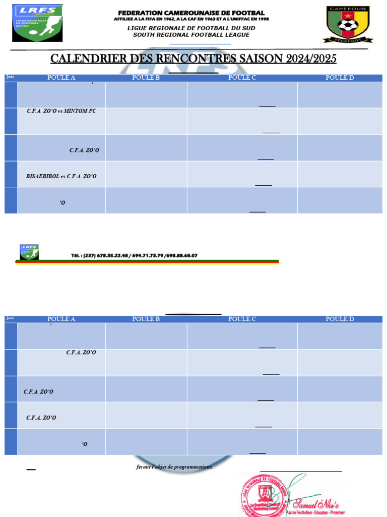 Calendrier Des Rencontres Saison 2024-2025-2 | PDF