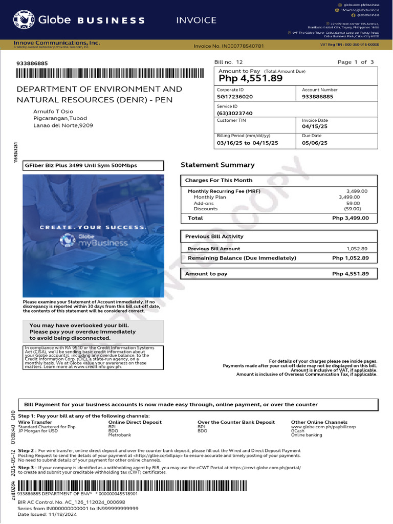 Globe Business Bill Summary | PDF | Value Added Tax | Taxes