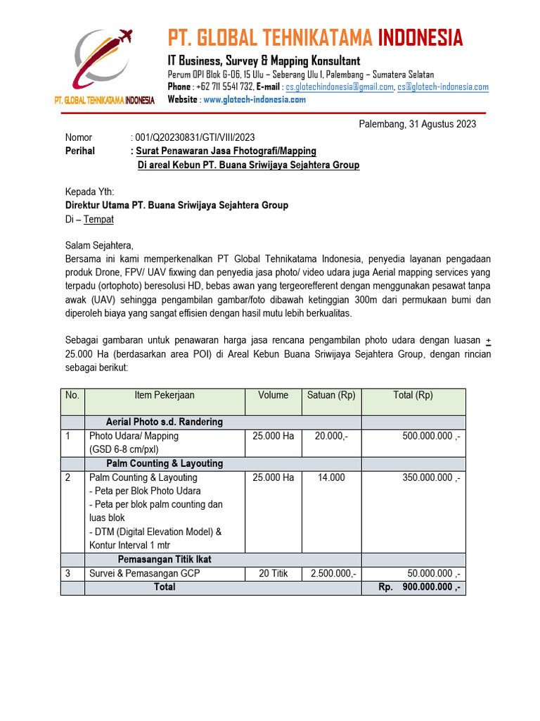 Surat Penawaran Jasa Aerial Fhotografi PT. BSS Group | PDF