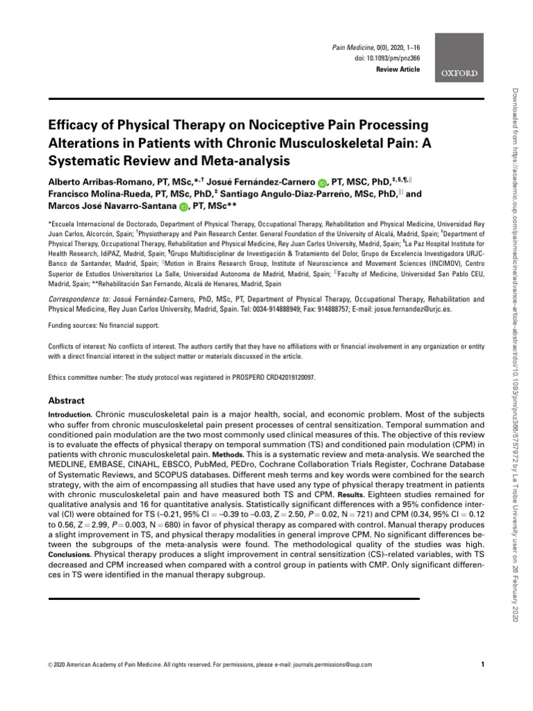 Efficacy of Physical Therapy On Nociceptive Pain Processing Alterations in Patients With Chronic ...