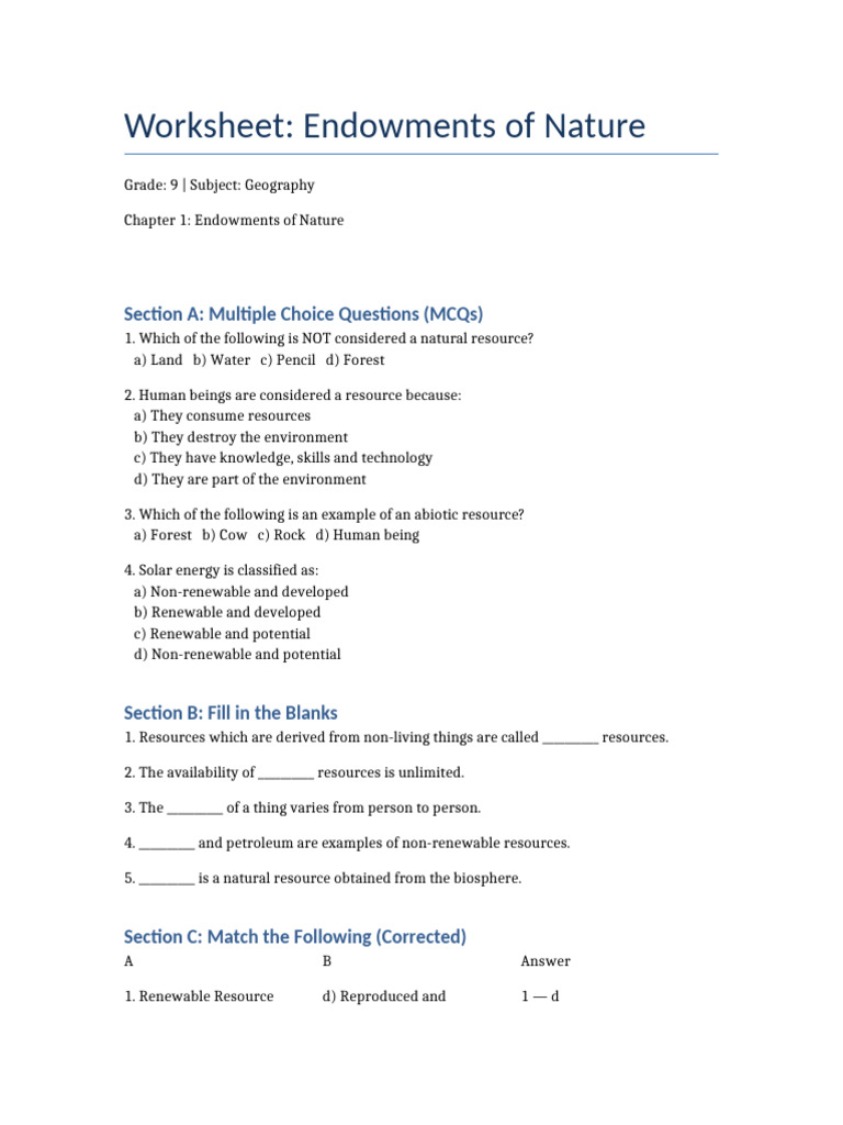 Endowments of Nature Worksheet (1) | PDF | Resource | Nature