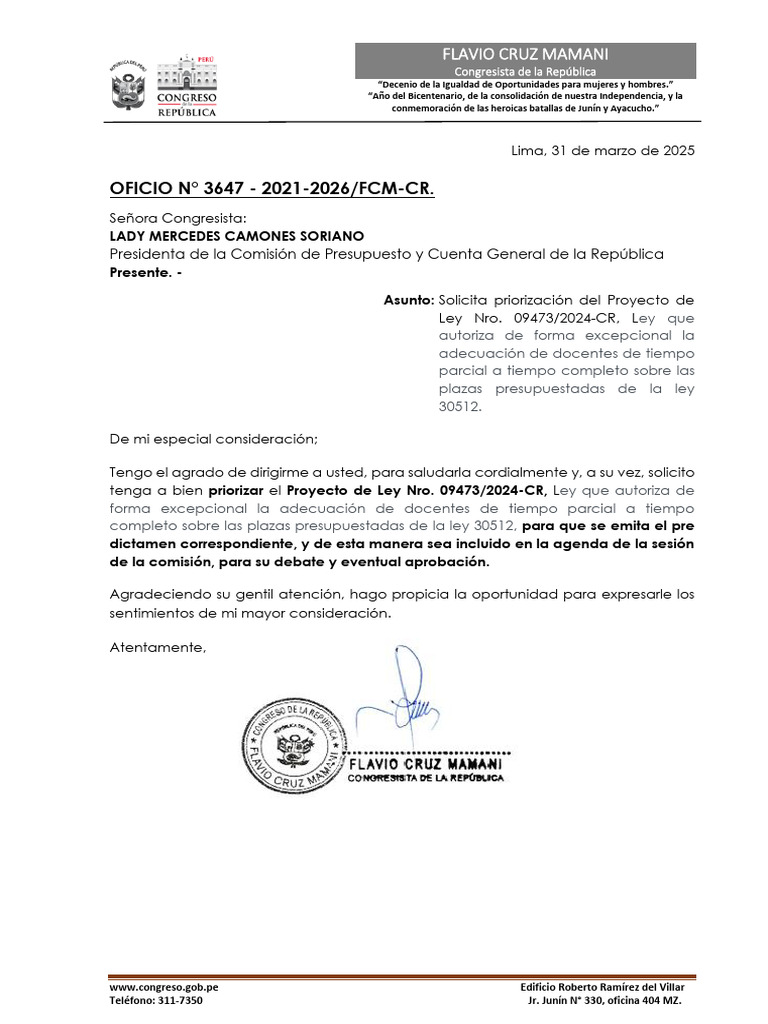 1855173-Oficio-N° 3647 - 2021-2026 - FCM-CR.-20250401 | PDF