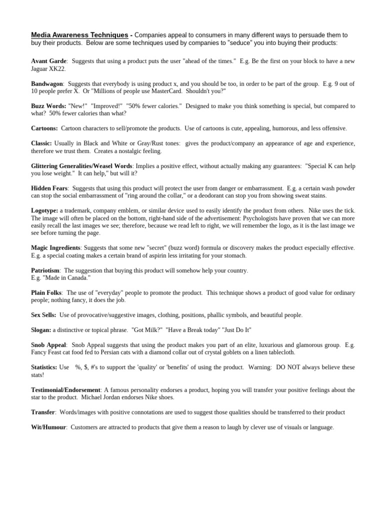 Media Awareness: Persuasive Techniques | PDF