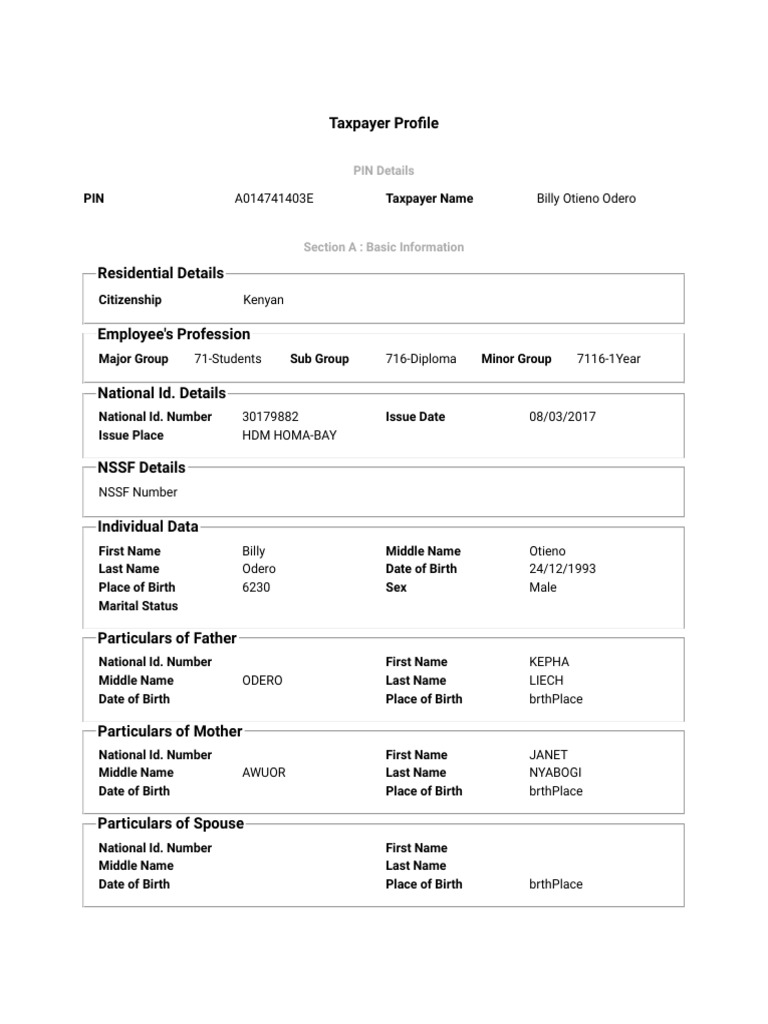 Taxpayer Profile for Billy Otieno Odero | PDF | Taxpayer | Payments