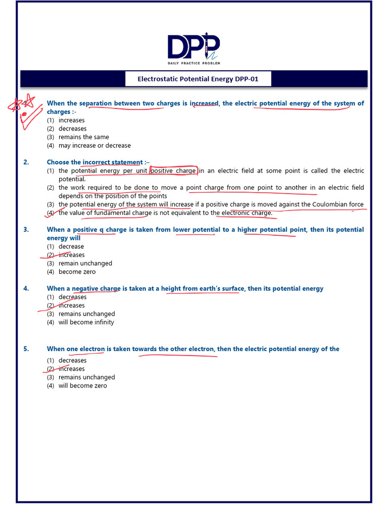 02 Electrostatic Potential and Capacitance Dpp 01 | PDF | Potential Energy | Electric Field