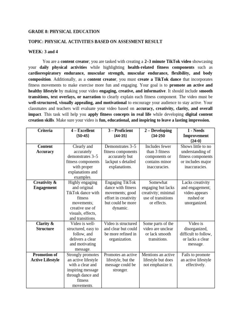 GRADE 8 PHYSICAL EDUCATION WEEK 3 and 4 4TH QUARTER | PDF | Physical ...