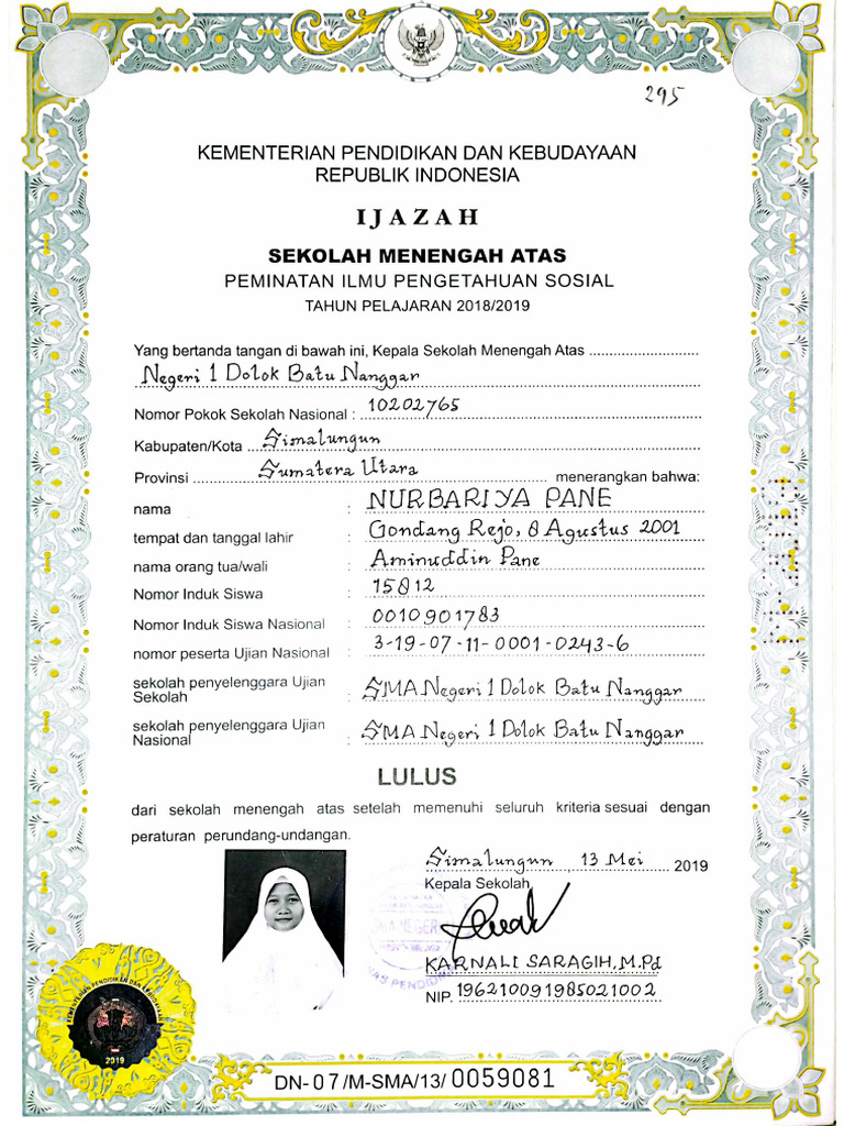 Ijazah SMA Nurbariya Pane | PDF